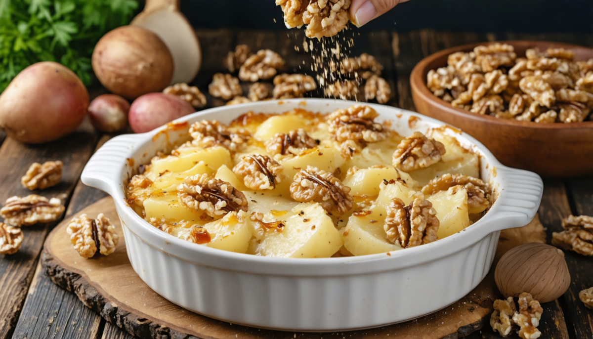 Gratin gourmand aux pommes de terre, chèvre et noix croquantes