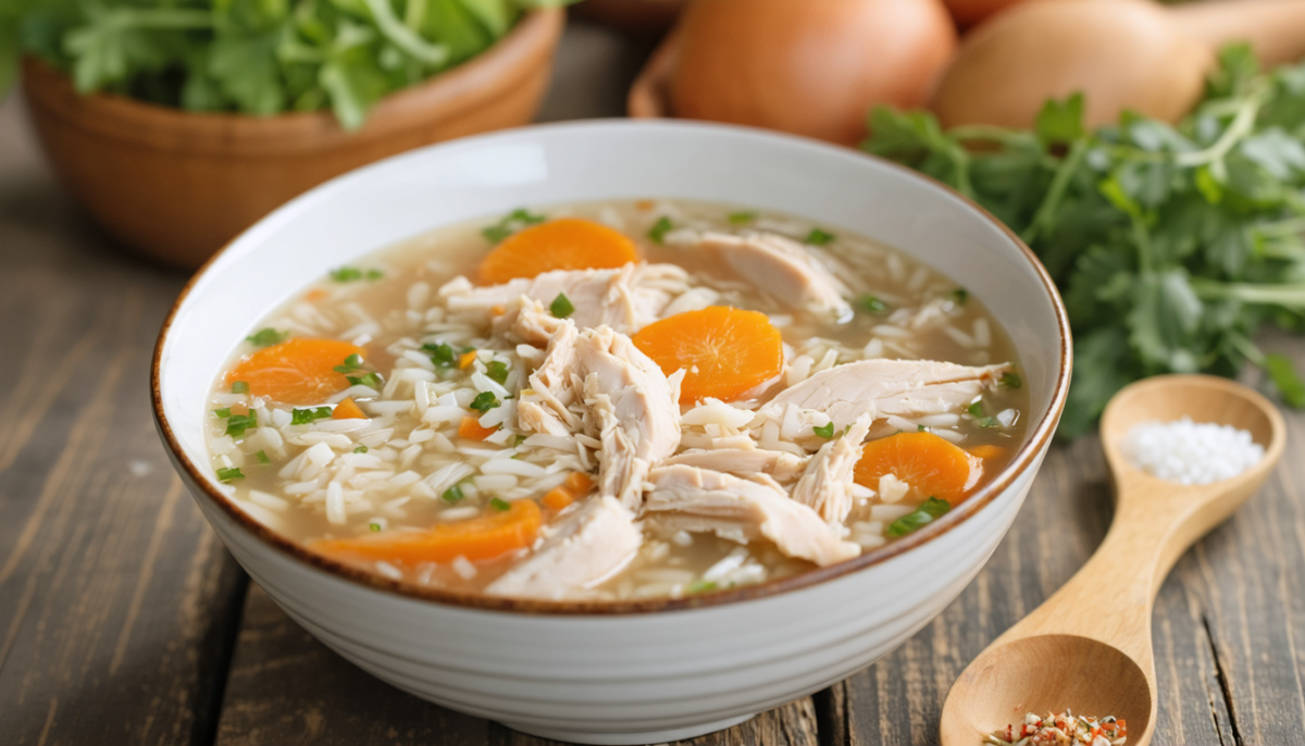 Bouillon de poulet léger aux saveurs douces avec riz et carottes