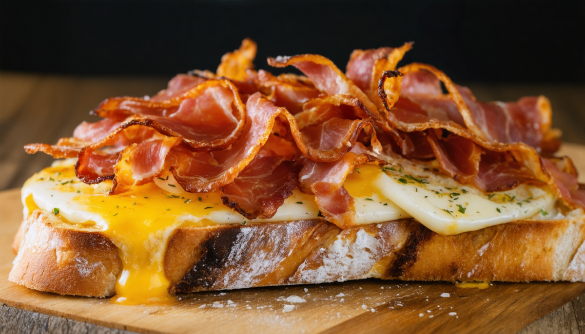 Tartine crousti-fondante au fromage à raclette et lardons
