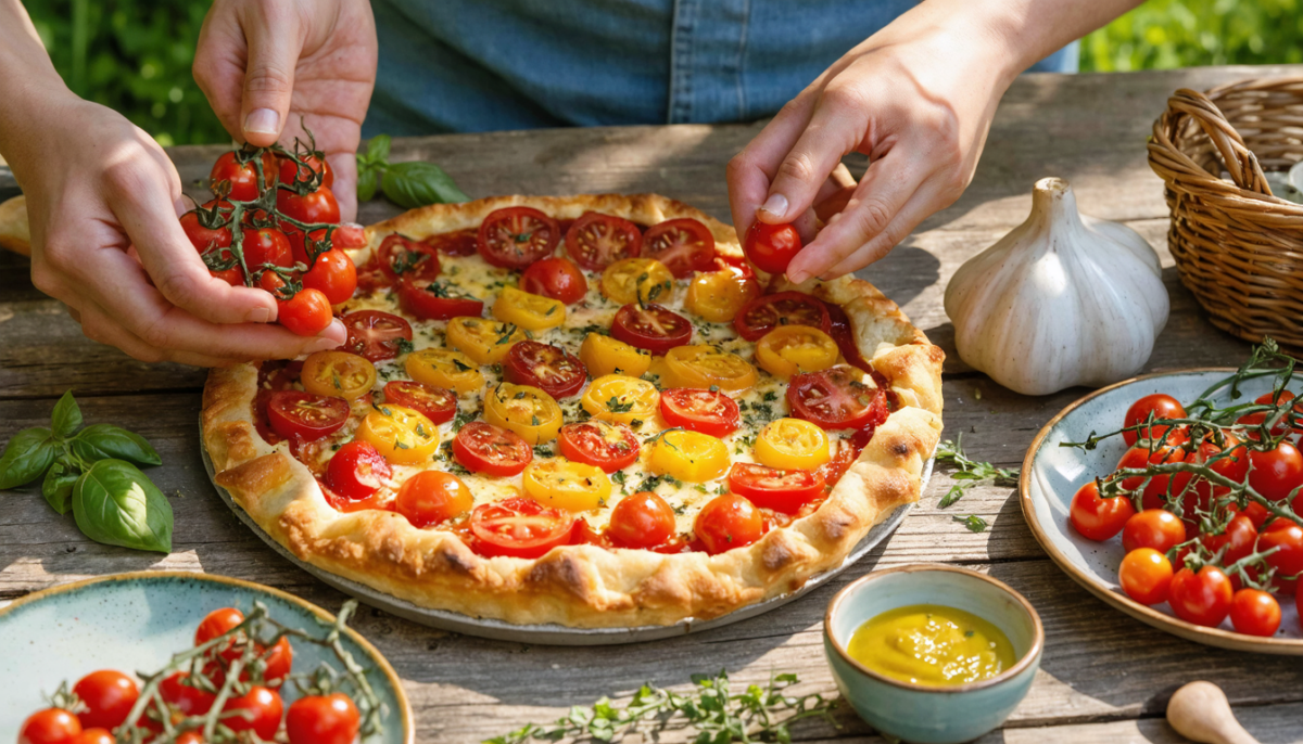 Tarte estivale tomates cerises & moutarde : recette familiale ludique