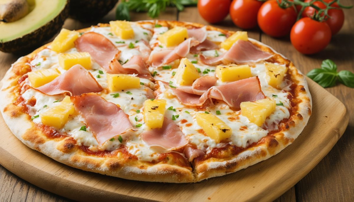 Pizza légère exotique : ananas, jambon et mozzarella fondante